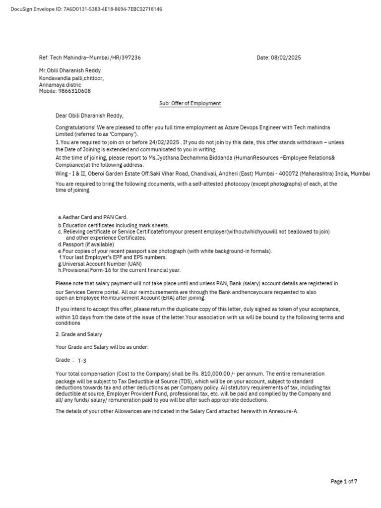 Dharanish Reddy Offer Letter PDF | PDF | Trade Secret | Employment