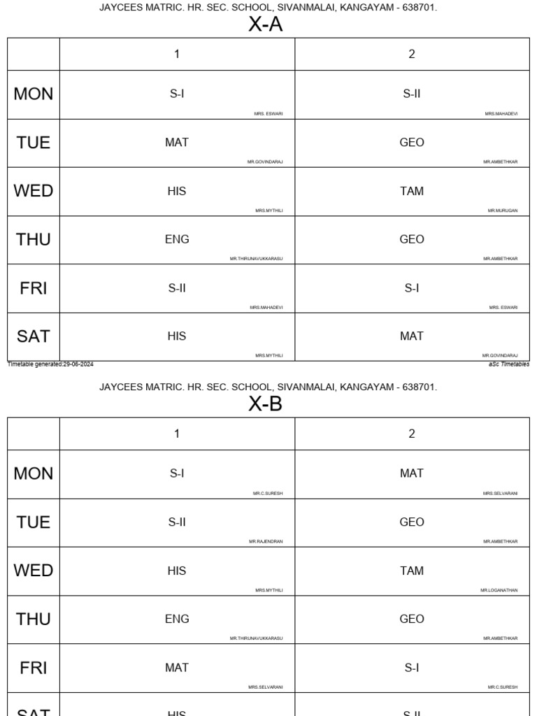 Jaycees School Timetable 2024 | PDF