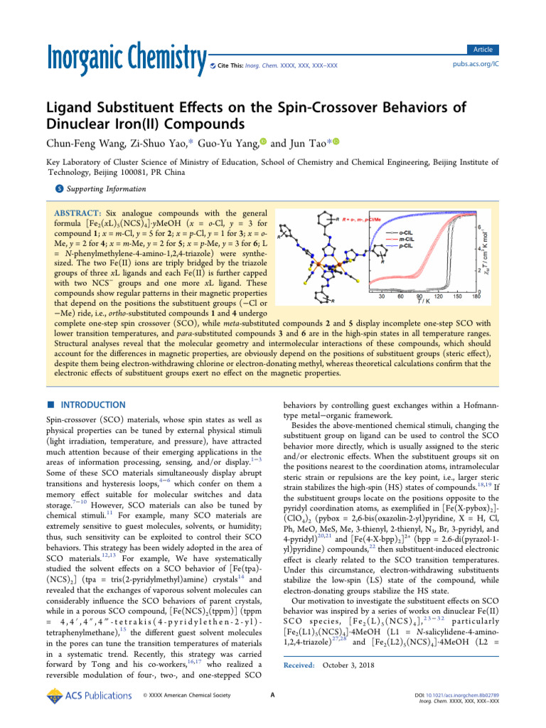 2019 Acs Ligand Substituent Effects on the Spin-Crossover Behaviors Of ...