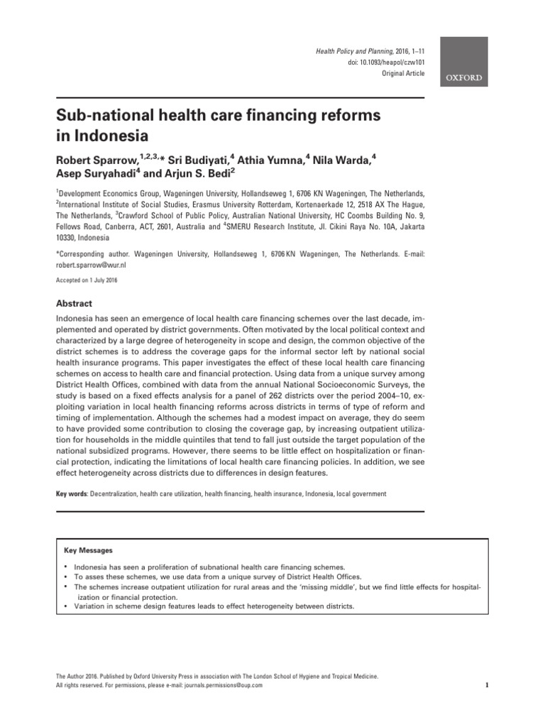 Sub-National Health Care Financing Reforms in Indonesia | PDF ...