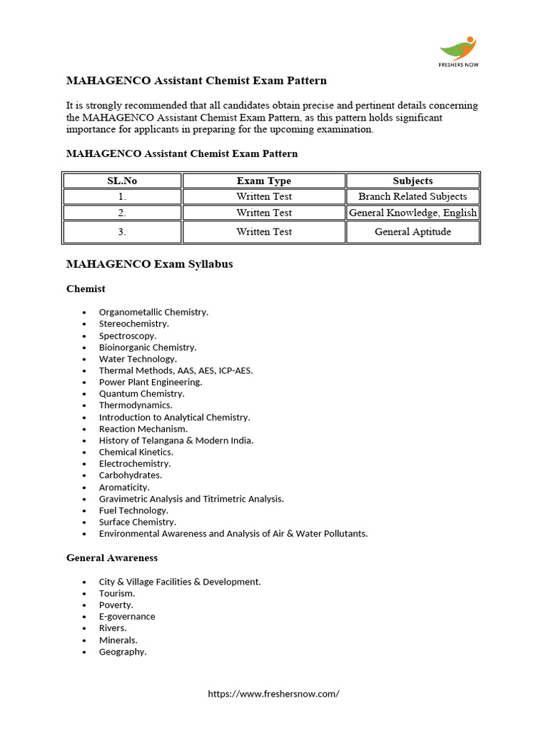 MAHAGENCO Assistant Chemist Syllabus | PDF | Chemistry | Chemist