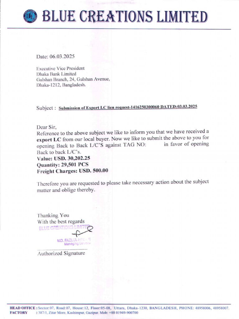 BCL Export LC Lien 1416250300060 | PDF