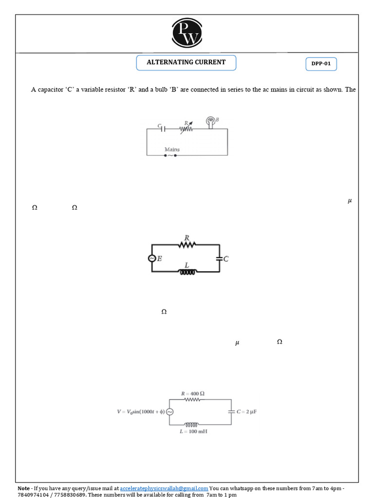 DPP - 1 Alternating Current - Accelerate | PDF | Electrical Network | Inductor