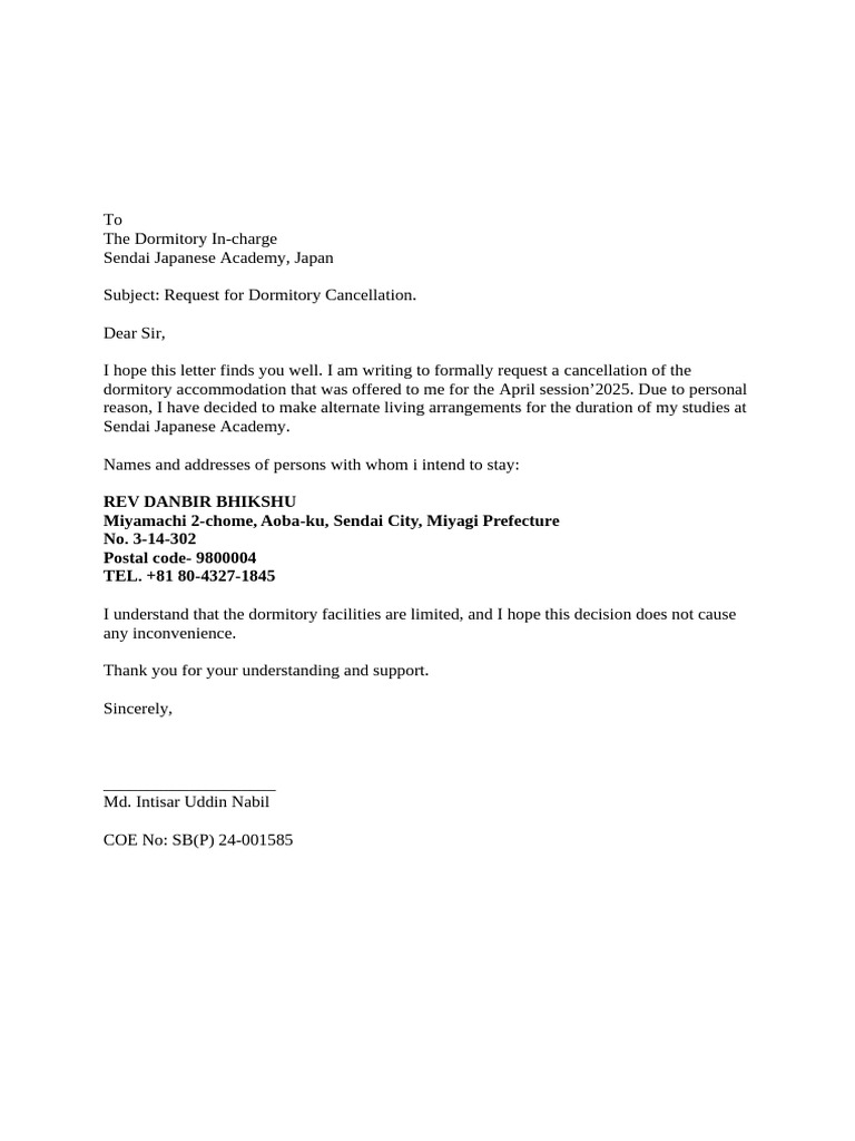 Dormitory Refusal Letter | PDF