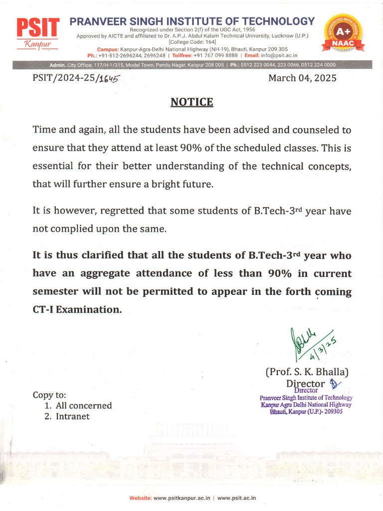 B.Tech Attendance Policy Notice | PDF