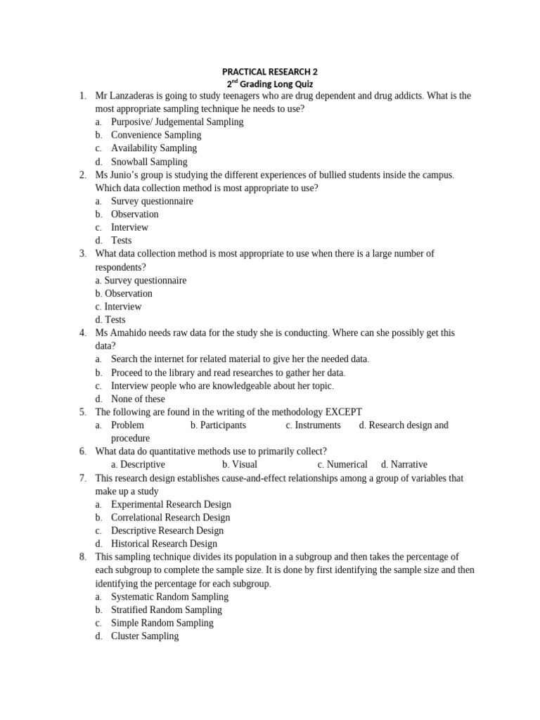 Research Methods and Sampling Techniques Quiz | PDF | Sampling ...