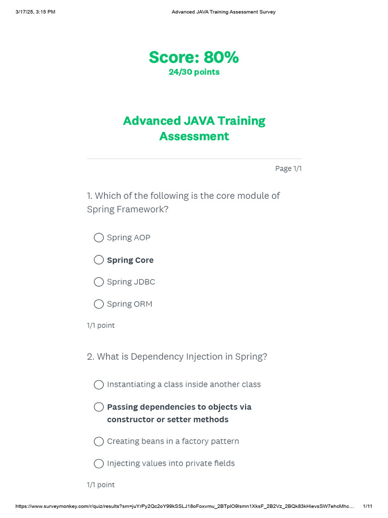 Advanced JAVA Training Assessment Survey | PDF | Spring Framework | Software