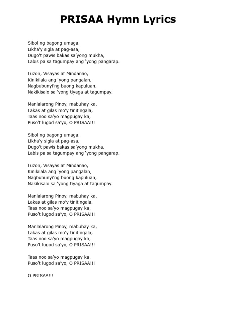 PRISAA Hymn Lyrics PDF | PDF
