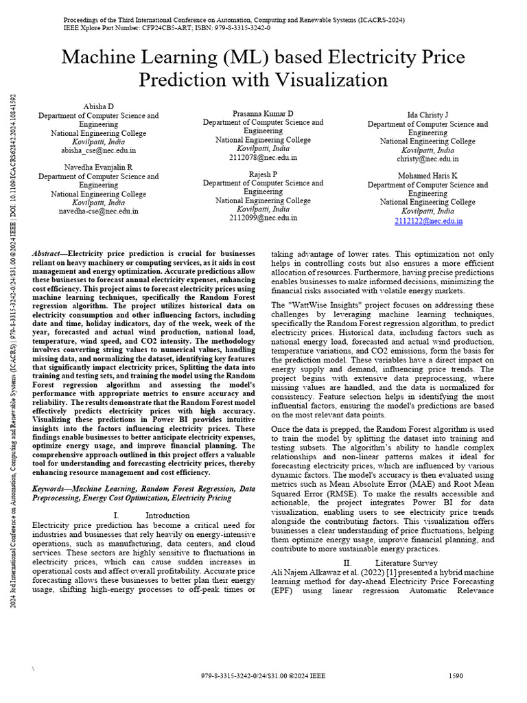 Machine Learning ML Based Electricity Price Prediction With ...