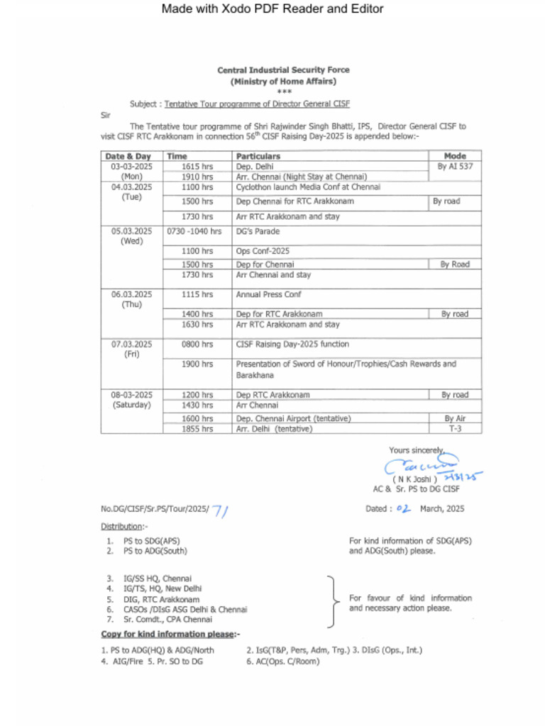 71 Tentative Tour Programme of DG CISF (1) | PDF
