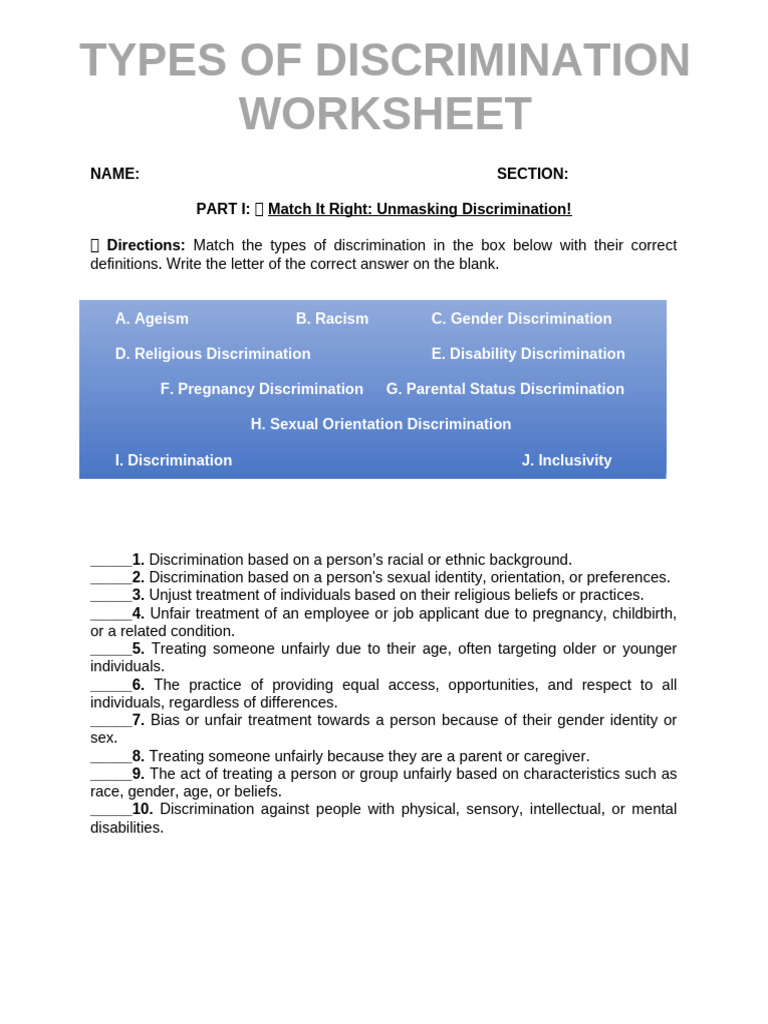 Discrimination Worksheet | PDF | Discrimination | Ageism