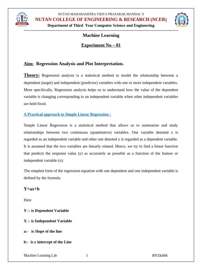 ML Experiment No 1 Linear Regression Analysis | PDF | Dependent And Independent Variables ...