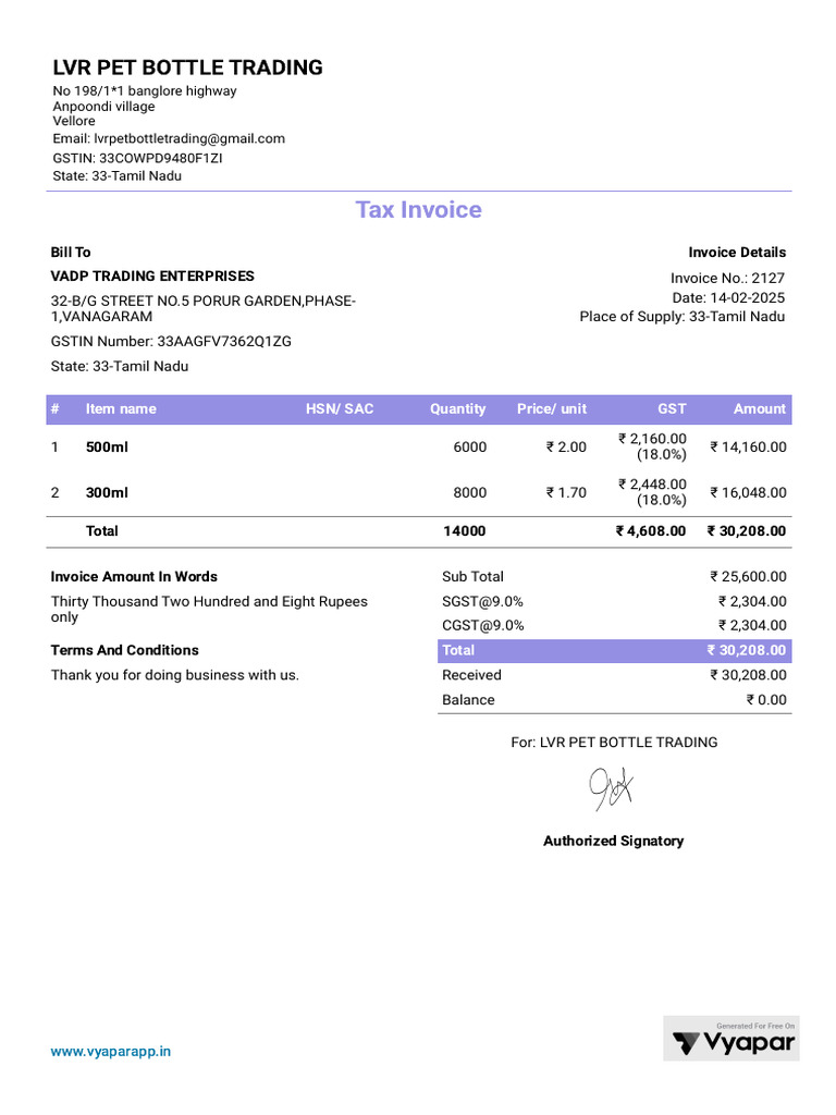 Tax Invoice for LVR PET Bottle Trading | PDF