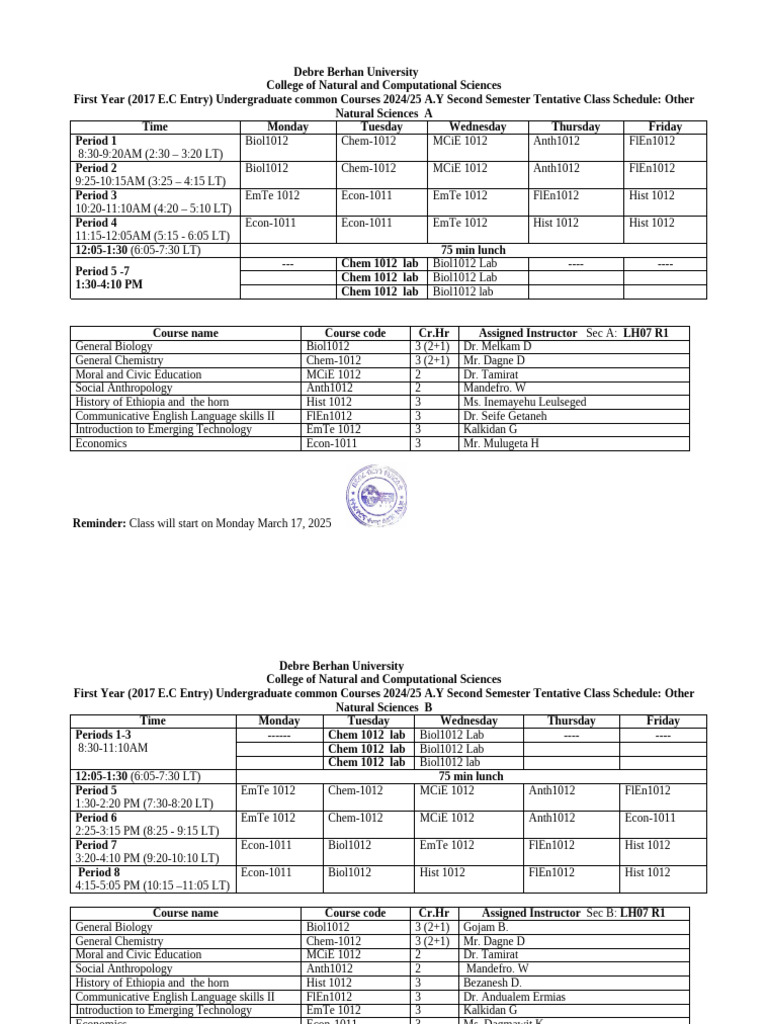2_Natural_science_Freshman_class_schedule_2017_2nd_Sem_final | PDF | Science
