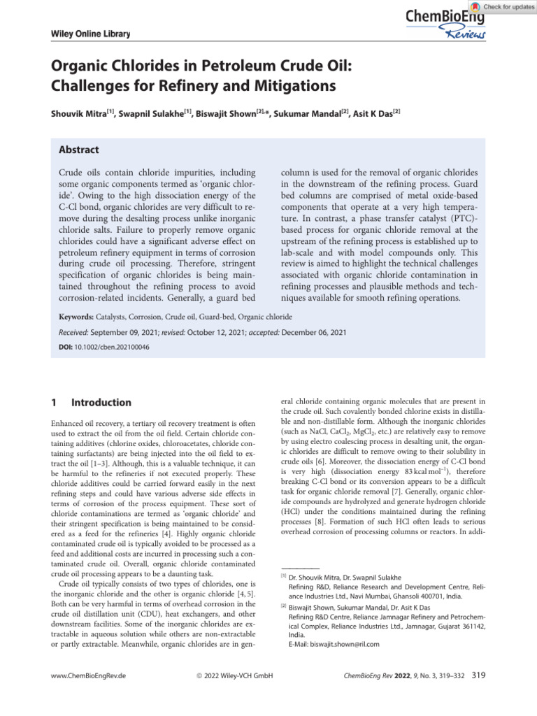 Mitigating Organic Chlorides in Crude Oil | PDF | Oil Refinery | Chloride