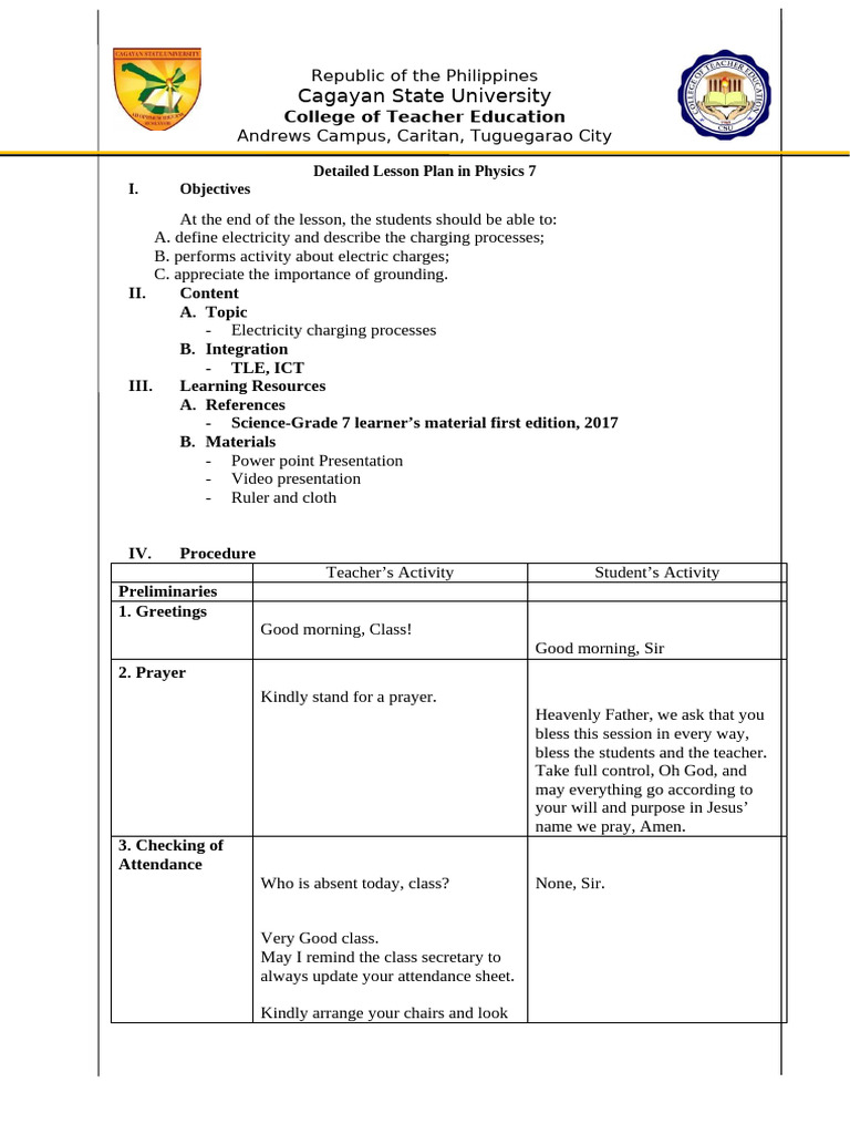 Physics 7 Lesson Plan: Electricity Concepts | PDF | Electric Charge | Electrical Conductor