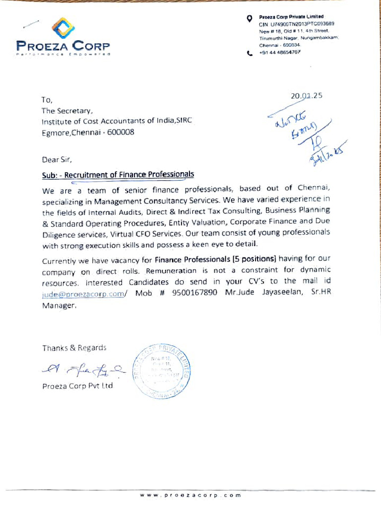 Proeza Corp: Sub: - Recruitment of Finance Professionals | PDF