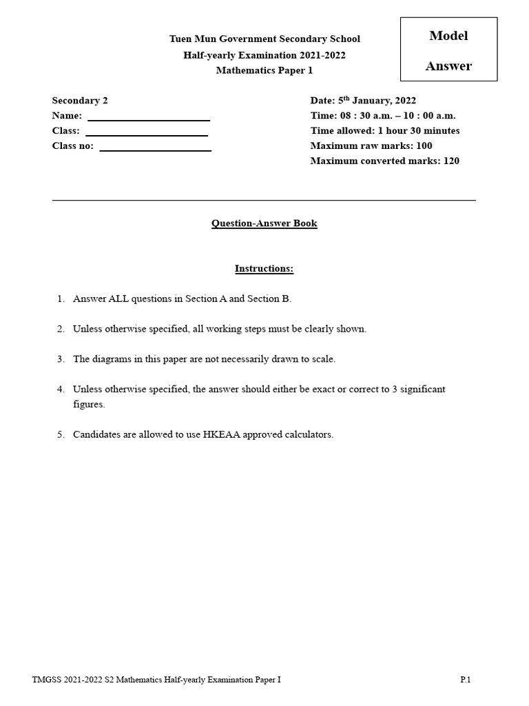 Math S2 2021-2022 HYE P1 Ans | PDF | Mathematics