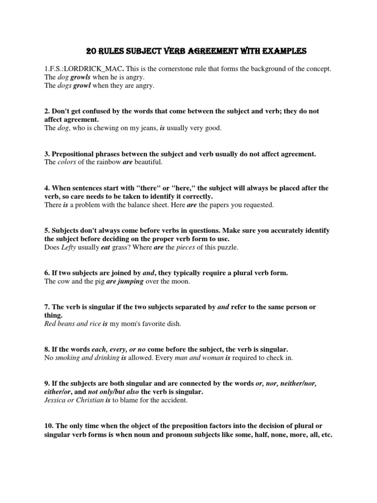 Subject-Verb Agreement: 20 Rules & Examples | PDF | Grammatical Number ...