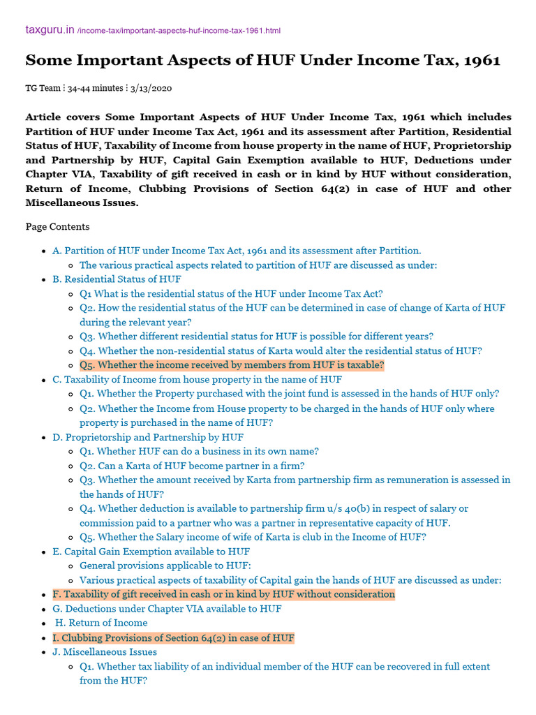 HUF Income Tax Aspects Explained | PDF | Capital Gains Tax | Capital Gain