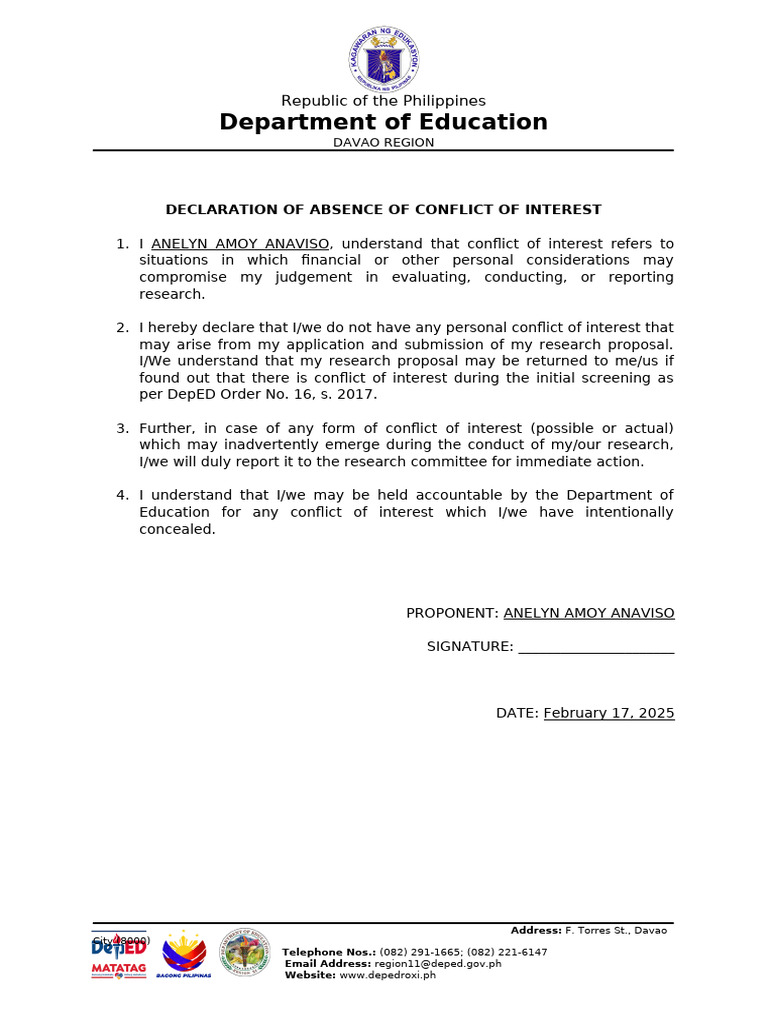 Conflict of Interest Declaration Form | PDF