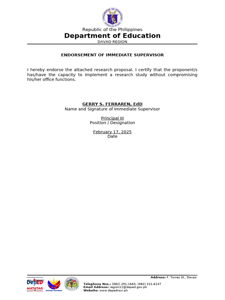 Immediate Supervisor Endorsement Letter | PDF