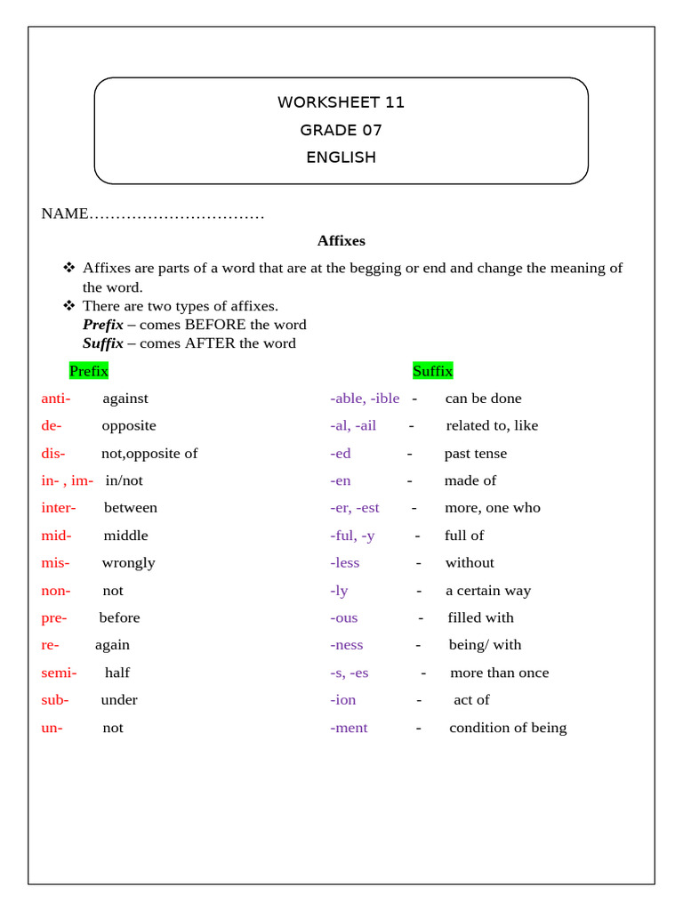 English - Grade 7 - Worksheet 11 - Affixes | PDF | Linguistics | Morphology