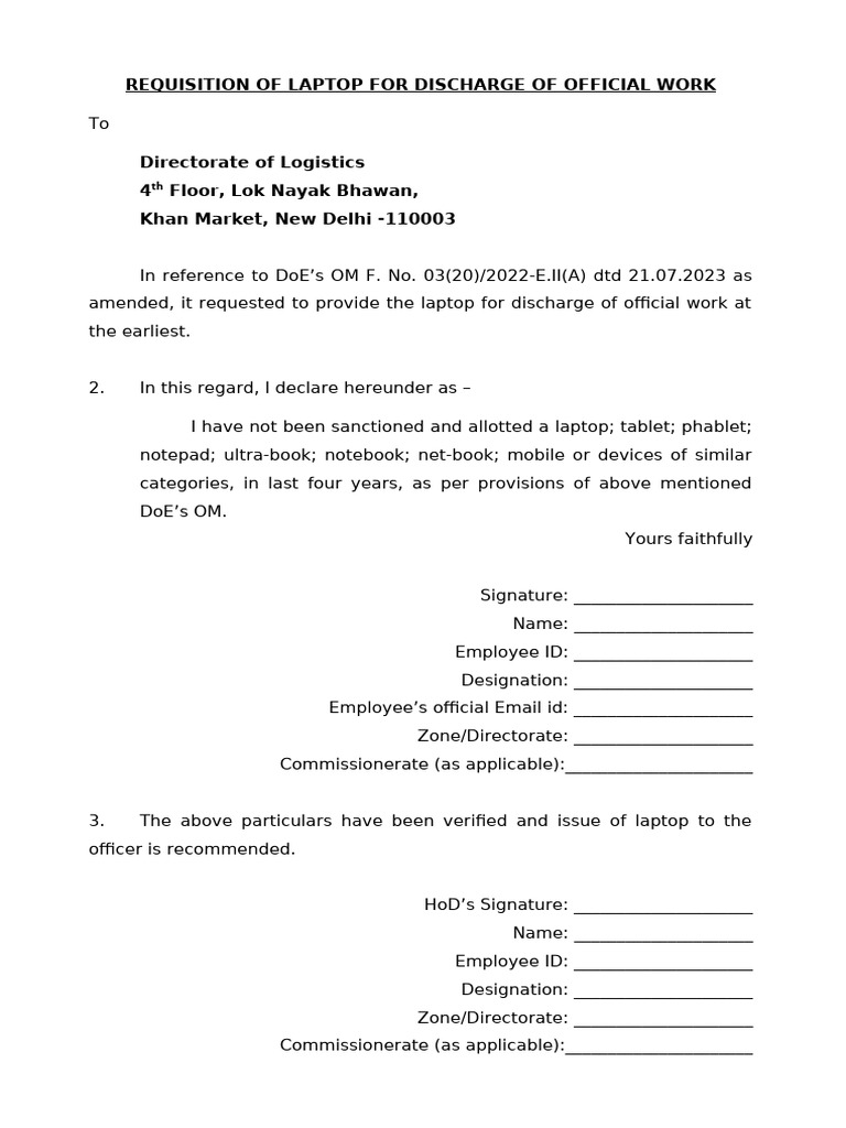 Format - Requisition of Laptop | PDF