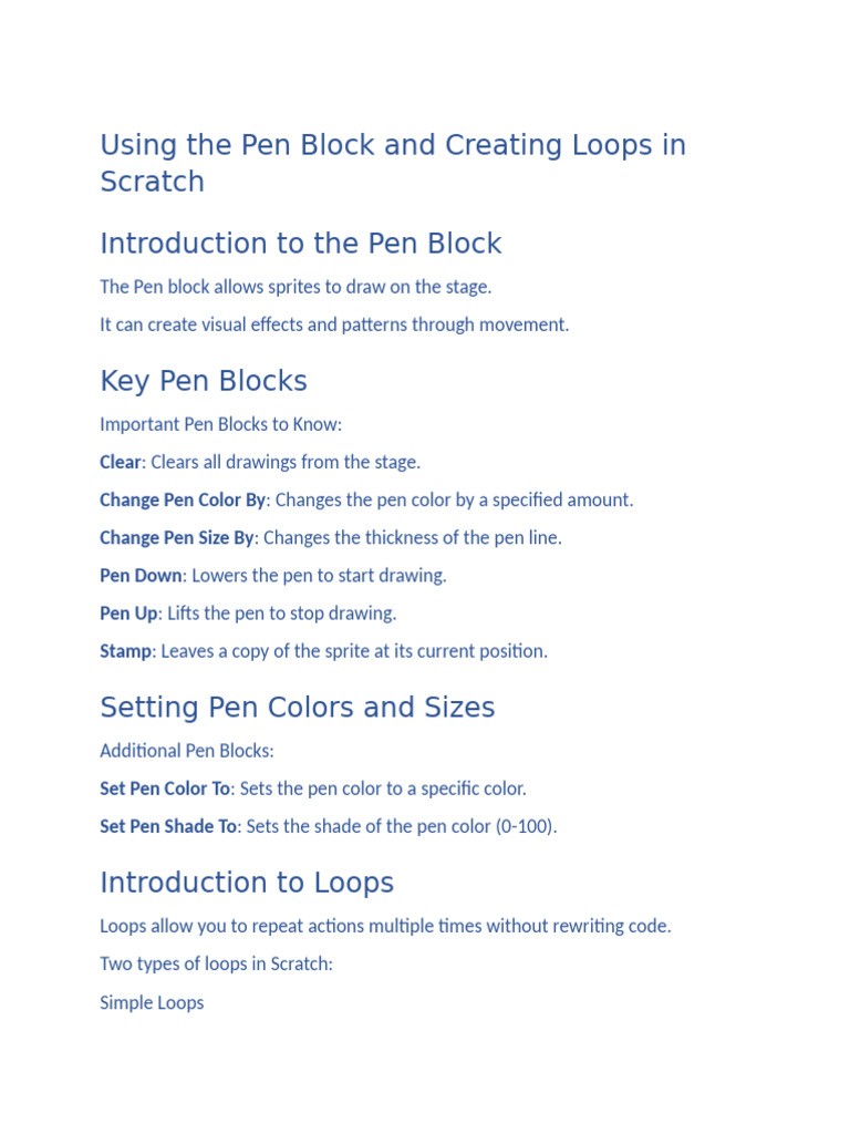 Using the Pen Block and Creating Loops in Scratch | PDF