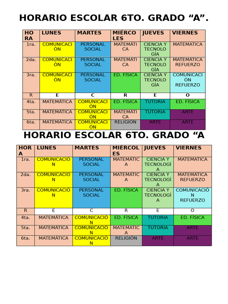 Horario Escolar 6to Grado A | PDF