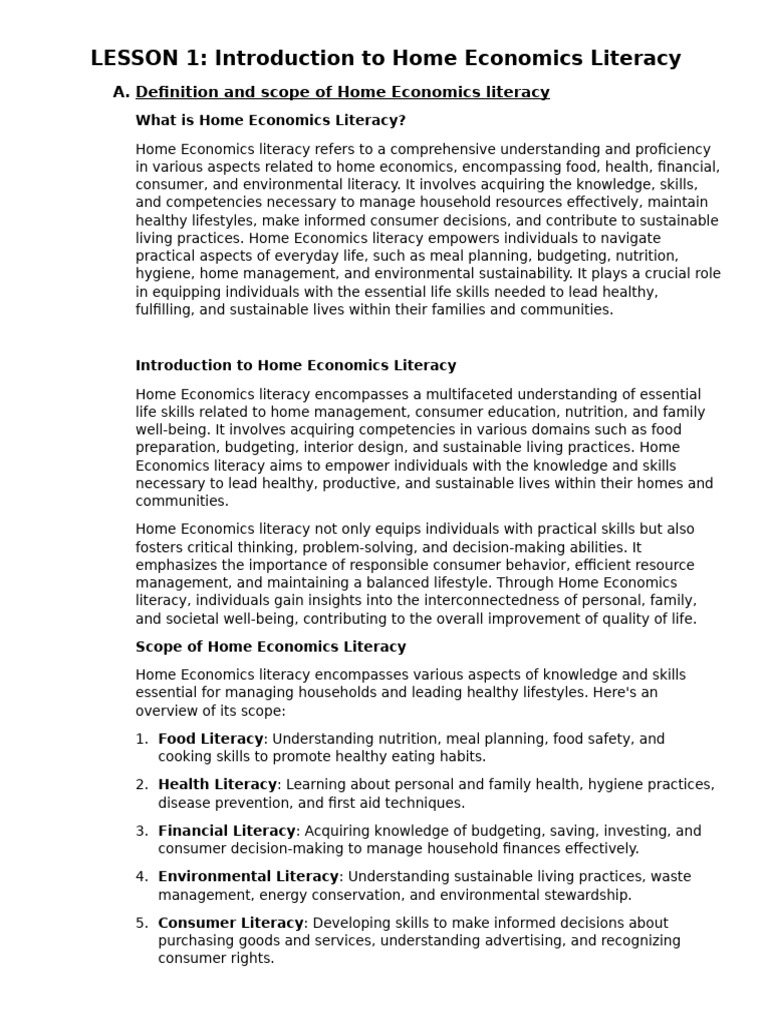 Introduction to Home Economics Literacy | PDF | Home Economics | Literacy