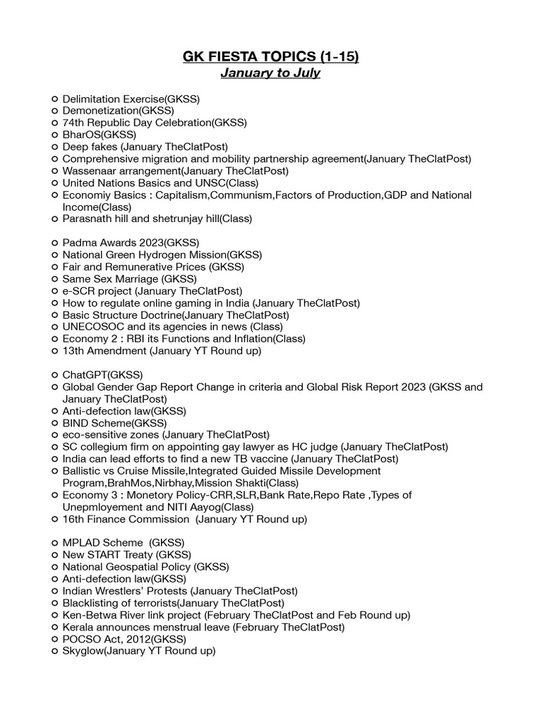 Key GK Topics January to July 2023 | PDF
