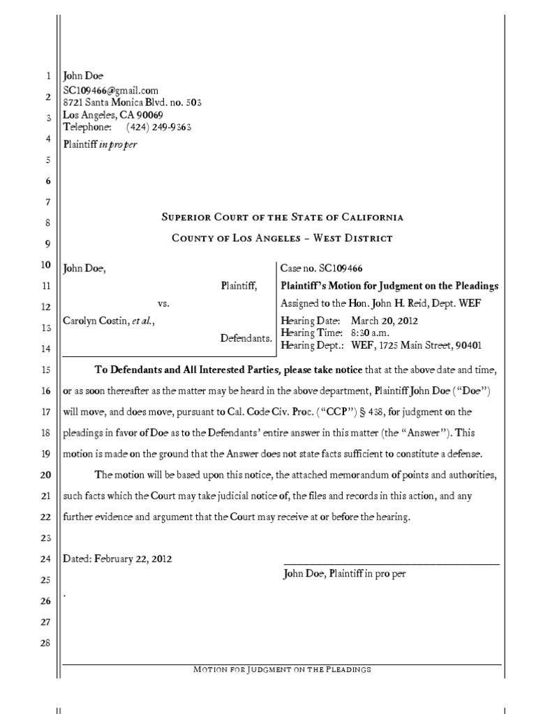 Motion For Judgment On The Pleadings | PDF | Eating Disorder | Pleading
