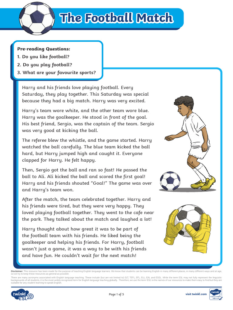 Football Match Reading Comprehension | PDF | English As A Second Or ...