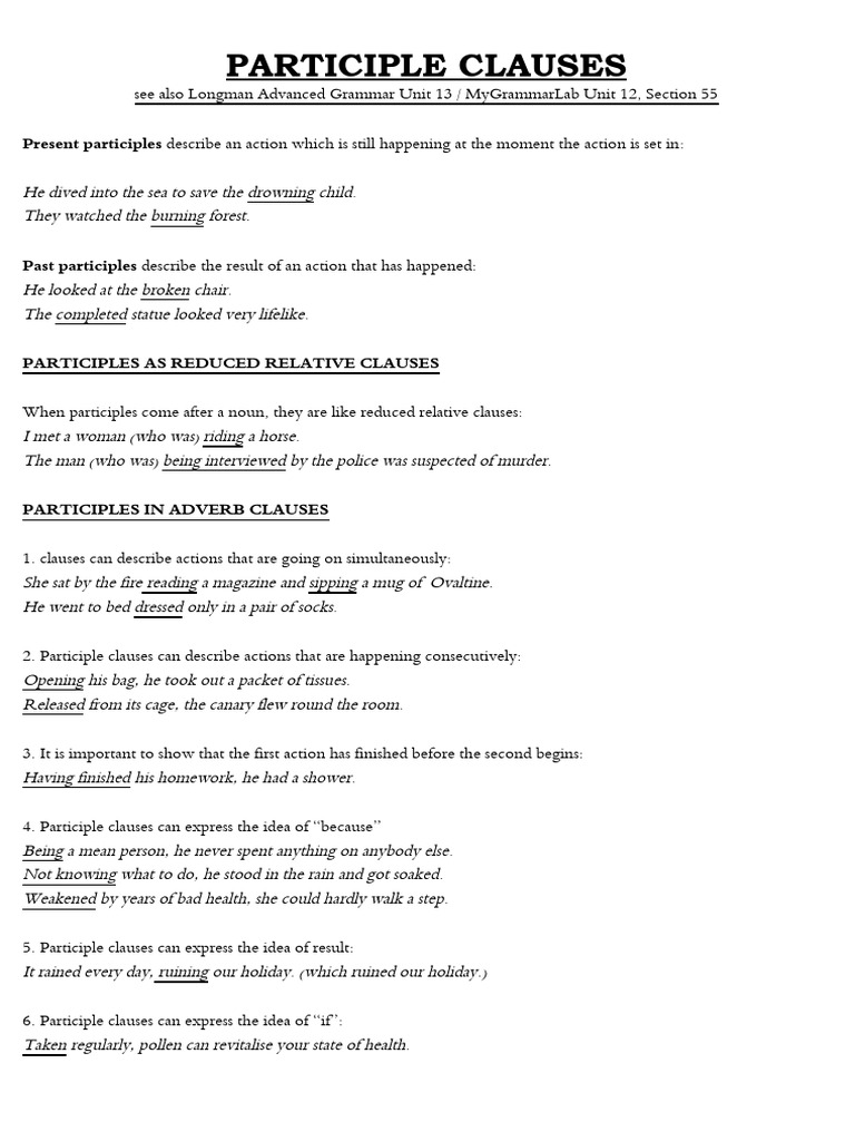 Participle Clauses Exercises | PDF | Linguistics | Grammar