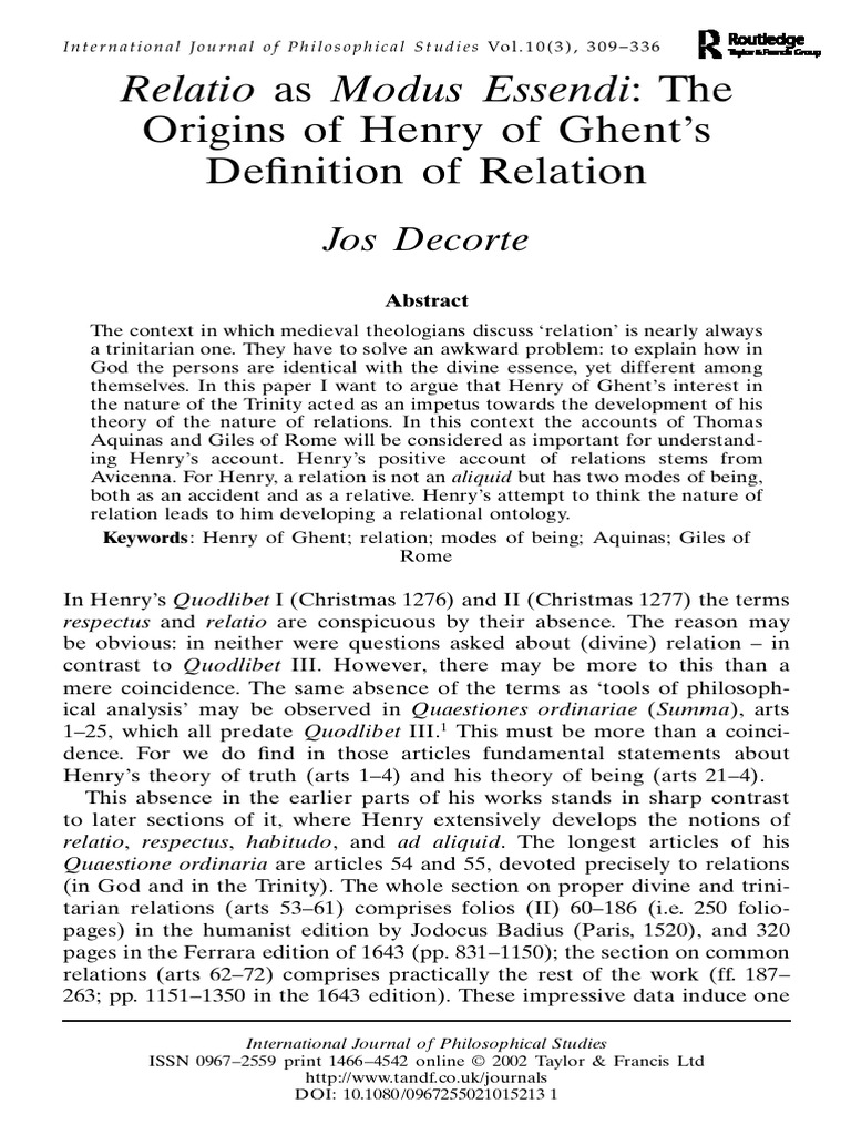 Decorte The Origins of Henry of Ghents Definition of Relation | PDF ...