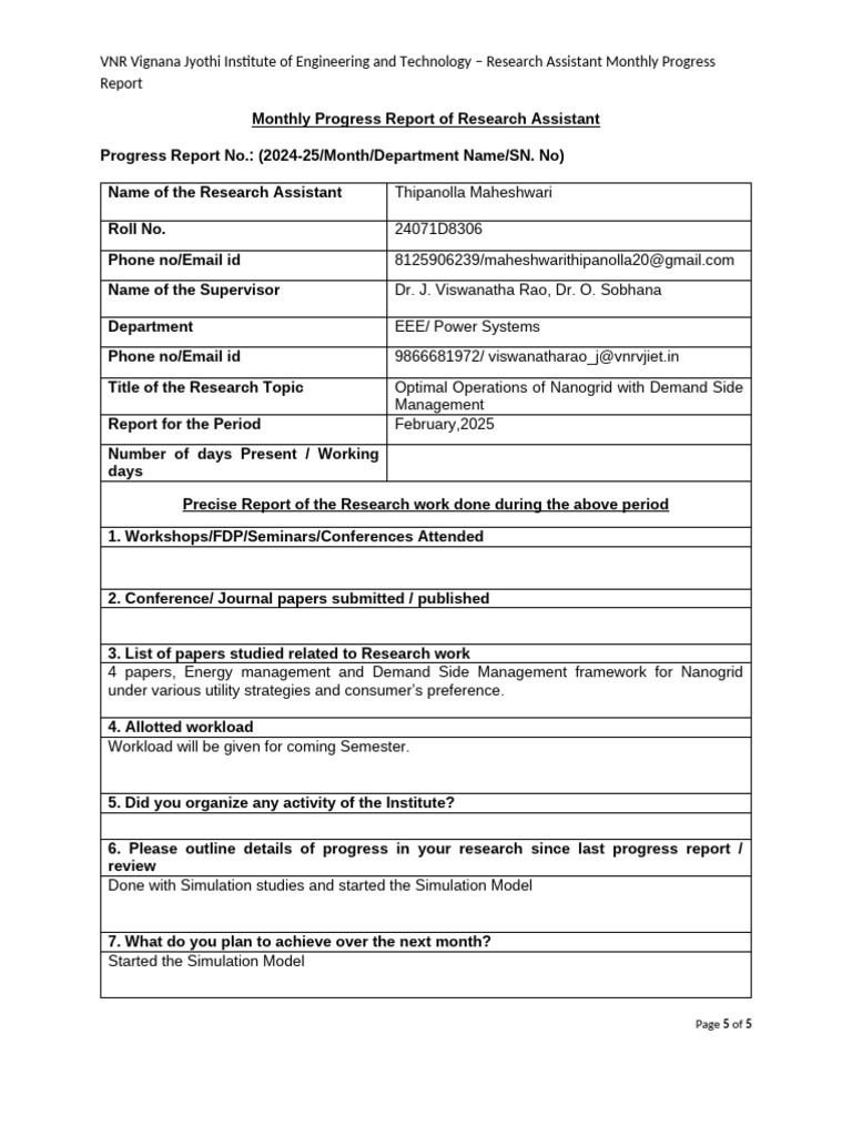 Research Assistant Monthly Progress Report | PDF