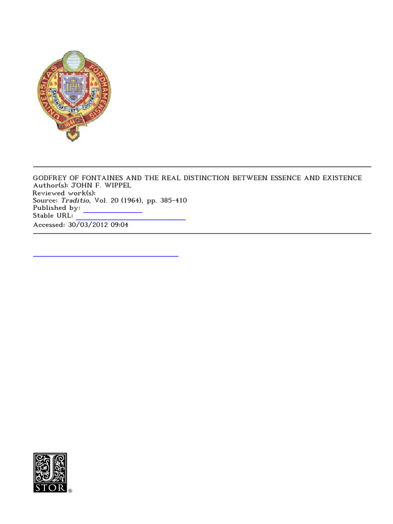 Wippel Godfrey of Fontaines and The Real Distinction Between Essence and Existence | PDF ...