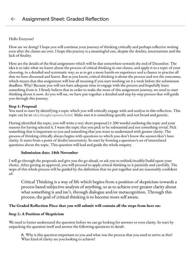 Assignment Sheet - Graded Reflection 2 | PDF | Critical Thinking | Thought