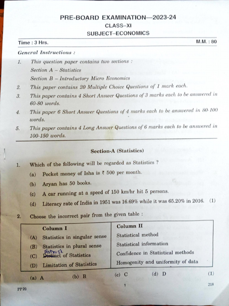 Share XI Eco Pre Board 2023-24 | PDF | Economics | Economies