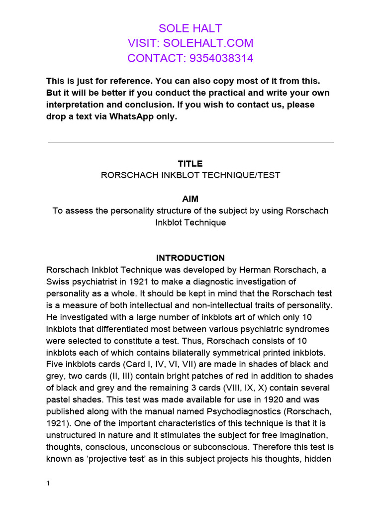RORSCHACH INKBLOT TEST Practical | PDF | Cognitive Science | Psychology