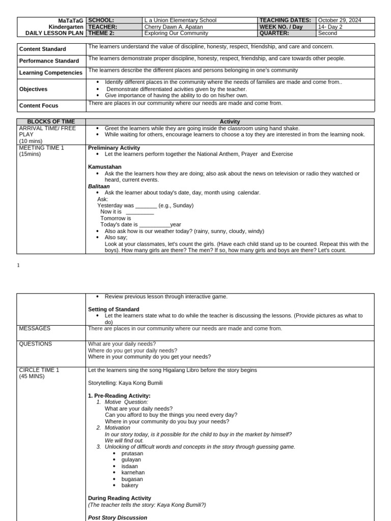 DLL KINDER MATATAG-CO-Week14 | PDF | Teachers | Learning