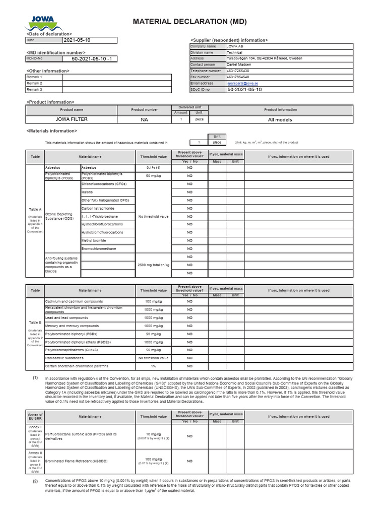 MD-and-SDoC-FILTER-sign | PDF | Chlorofluorocarbon | Chemical Substances