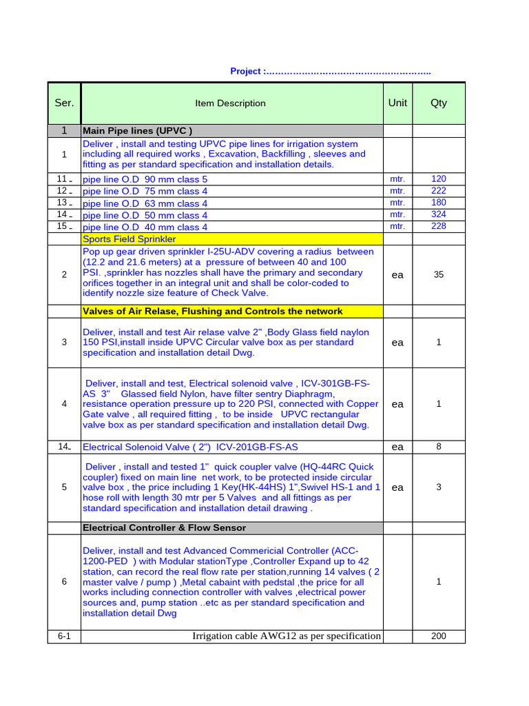 Sport Field Irrigation and Drainage BOQ | PDF | Pipe (Fluid Conveyance) | Valve
