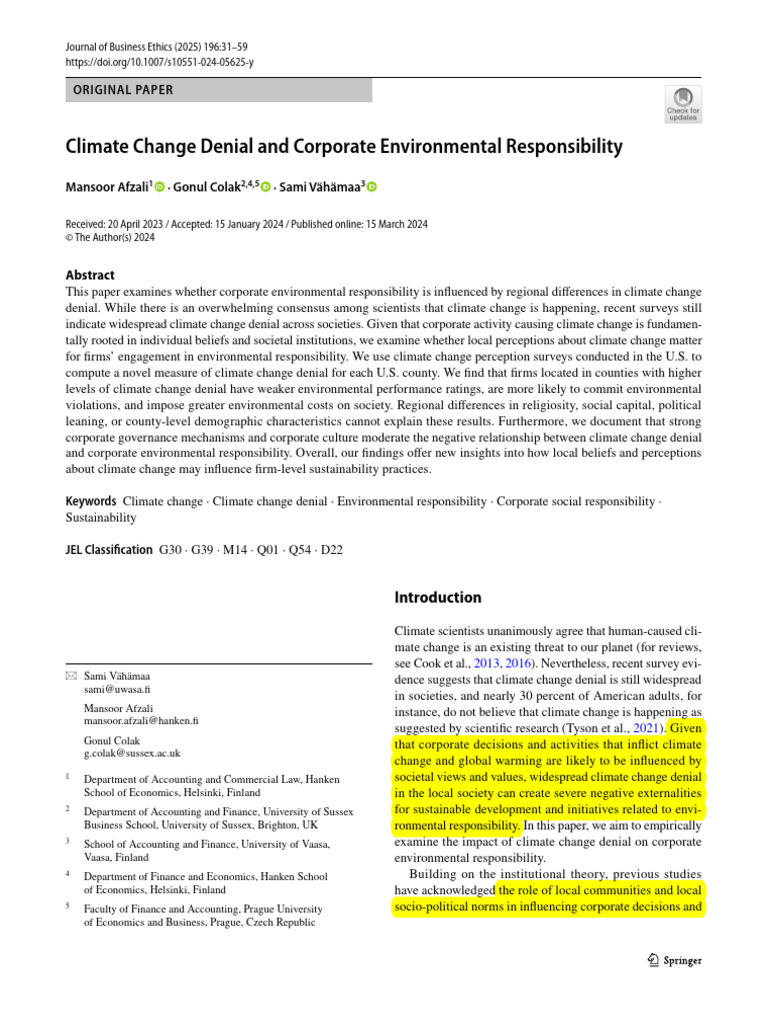 Climate Change Denial and Corporate Environmental Responsibility | PDF ...