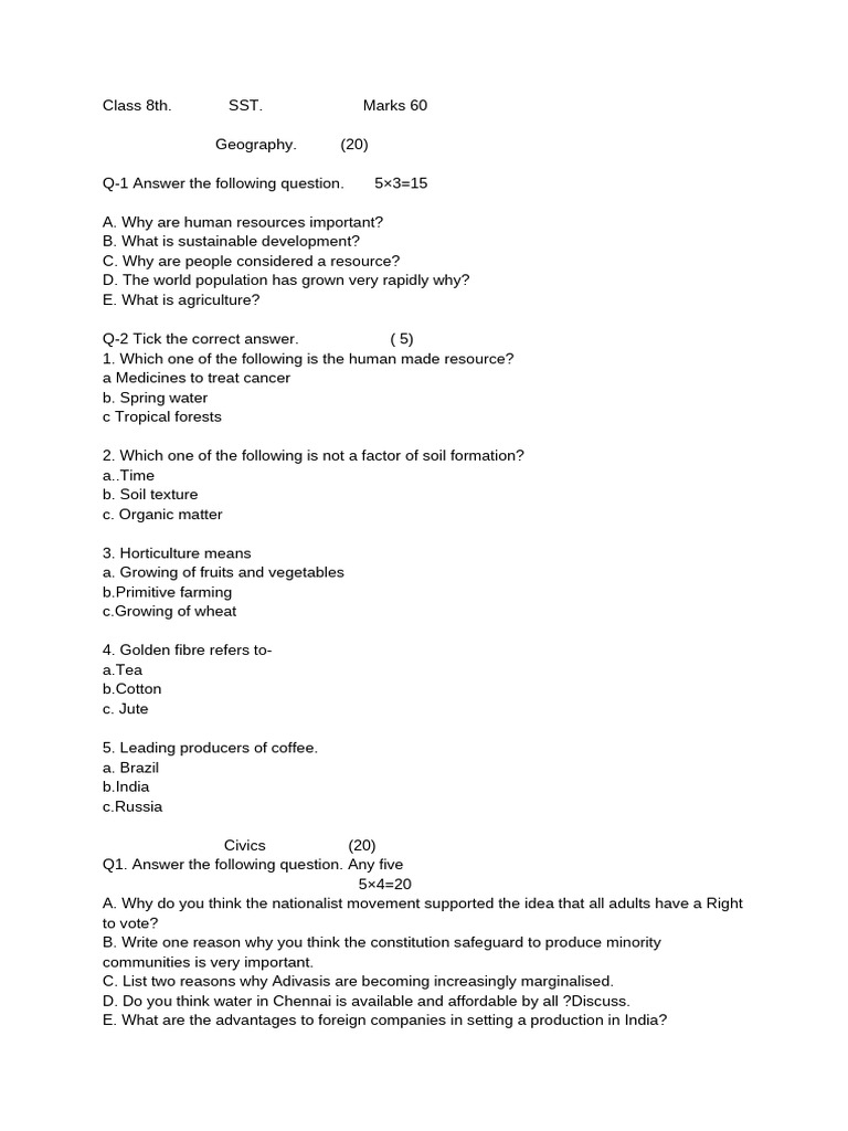 Class 8 SST Exam Questions and Topics | PDF