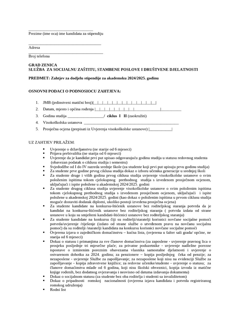 OBRAZAC STIPENDIJE - Akademska 2024-2025 Godina 1003 | PDF