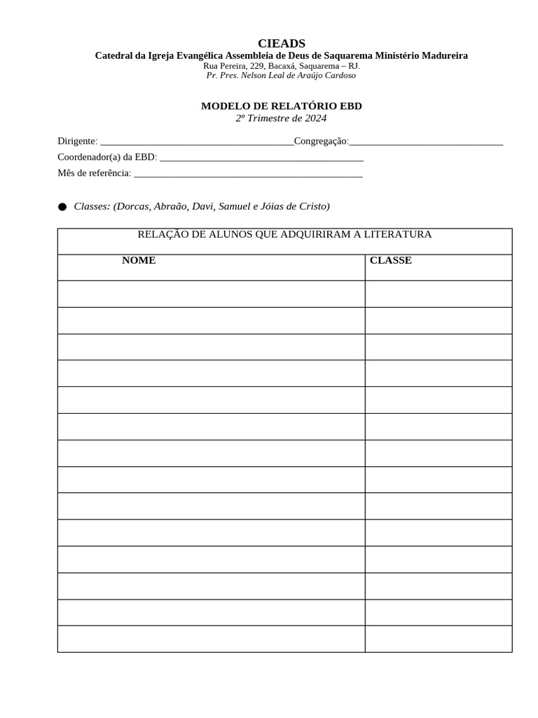 MODELO DE RELATÃ_RIO EBD - data em branco | PDF