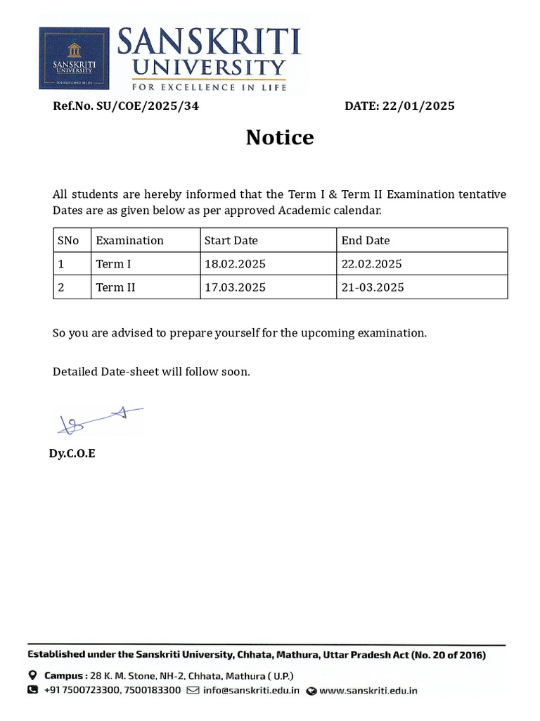 Tentative Exam Dates for Terms I & II | PDF