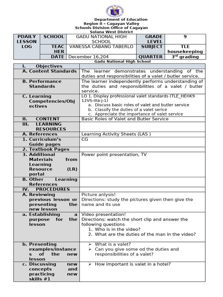 Lo 1 Valet Ressponsibility | PDF | Teachers | Learning